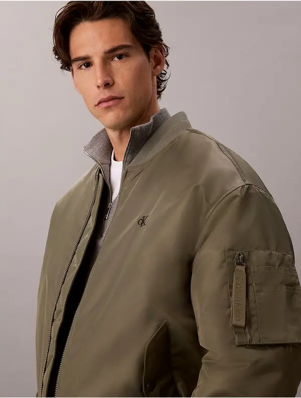 Calvin Klein Embroidered Monogram Nylon Bomber Jacket - Dusty Olive