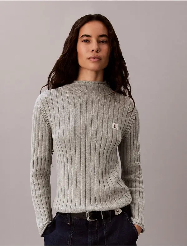 Calvin Klein Woven Monologo Turtleneck Sweater - Grey Heather