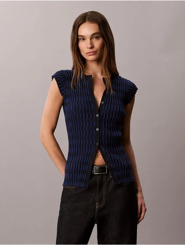Calvin Klein Tech Knit Checkered Rib Cardigan - Estate Blue