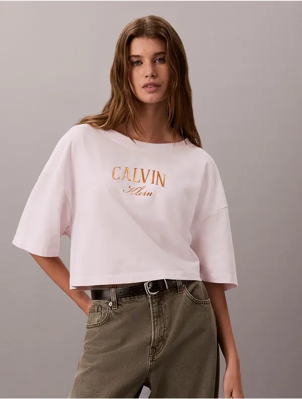Calvin Klein Boxy Varsity Logo Cropped Tee - Crystal Blush