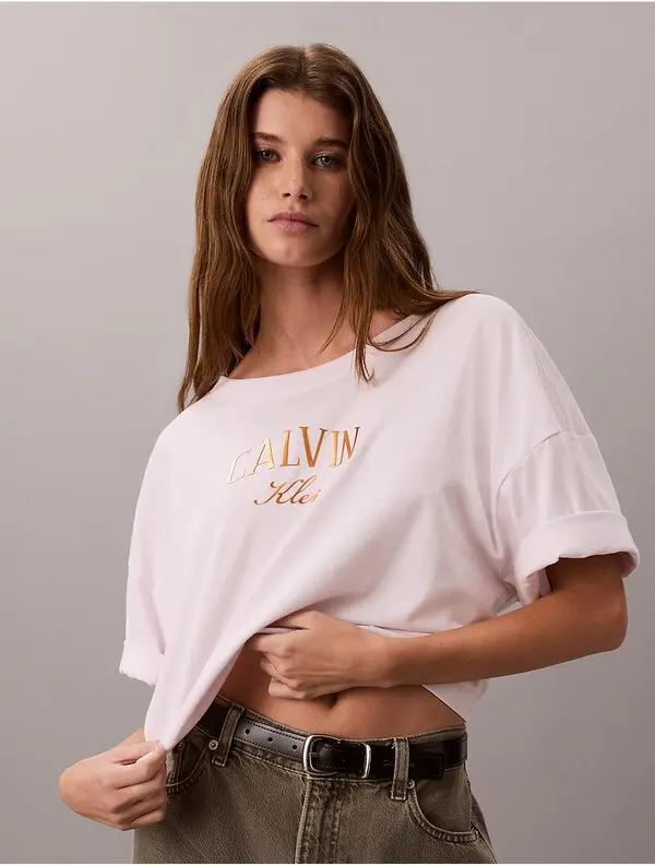 Calvin Klein Boxy Varsity Logo Cropped Tee - Crystal Blush
