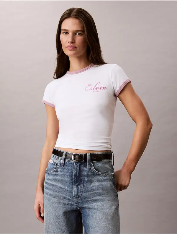 Calvin Klein Slim Varsity Logo Ringer Tee - Bright White