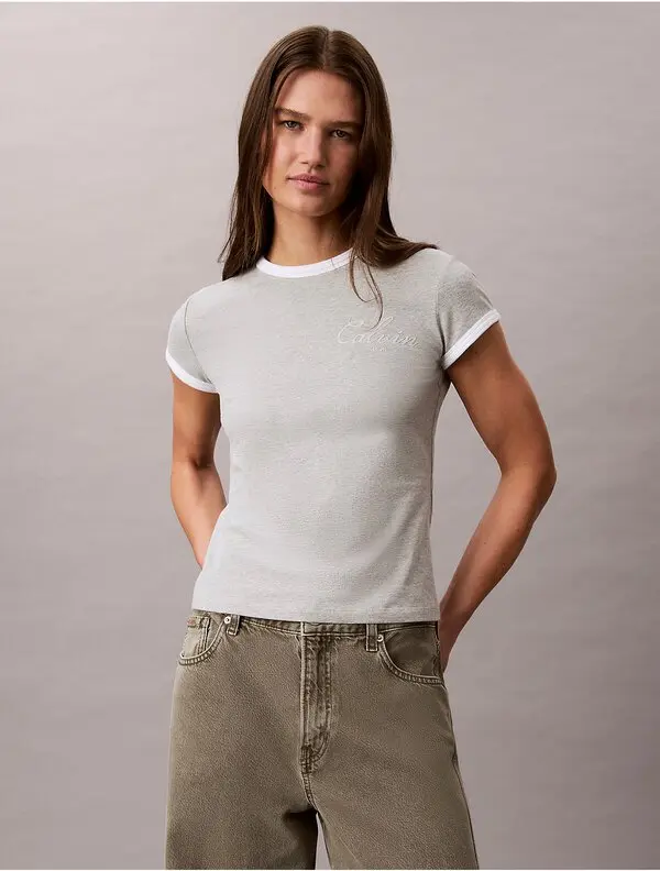 Calvin Klein Slim Varsity Logo Ringer Tee - Grey Heather