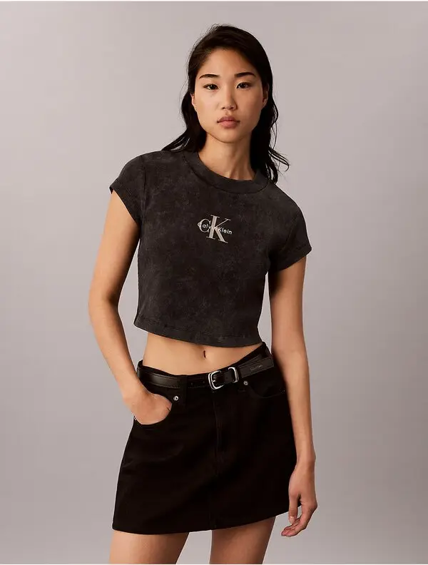 Calvin Klein Monologo Rib Acid Wash Baby Tee - Black
