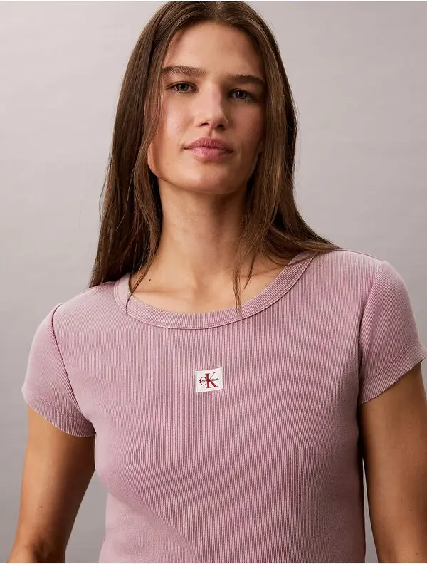 Calvin Klein Woven Monologo Rib Crewneck Tee - Dusky Orchid