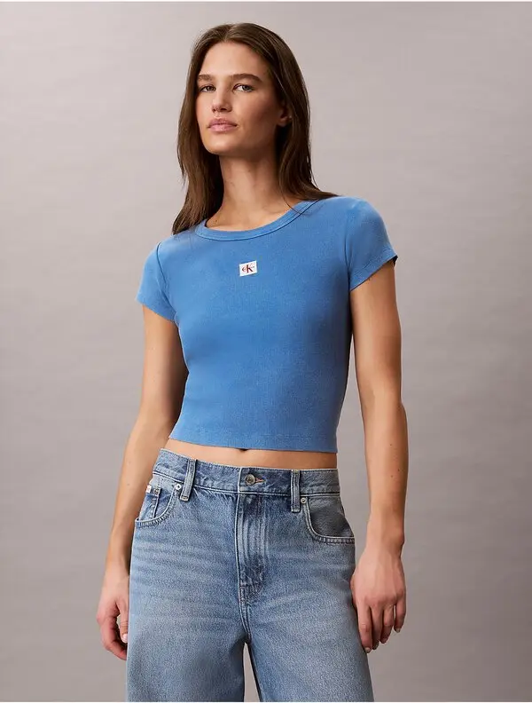 Calvin Klein Woven Monologo Rib Crewneck Tee - Winter Blue
