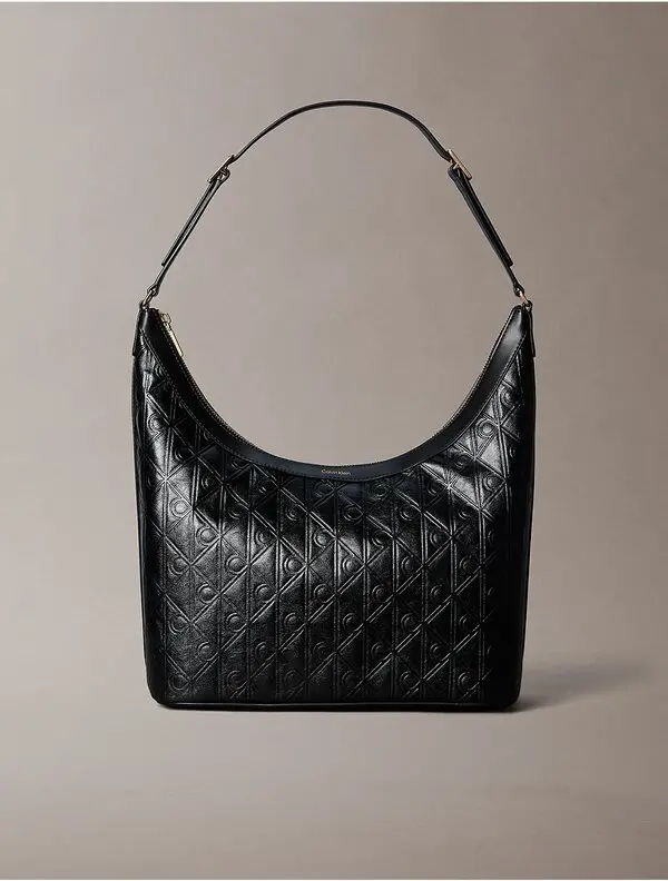 Calvin Klein Debossed Allover Emblem Logo Shoulder Bag - Black