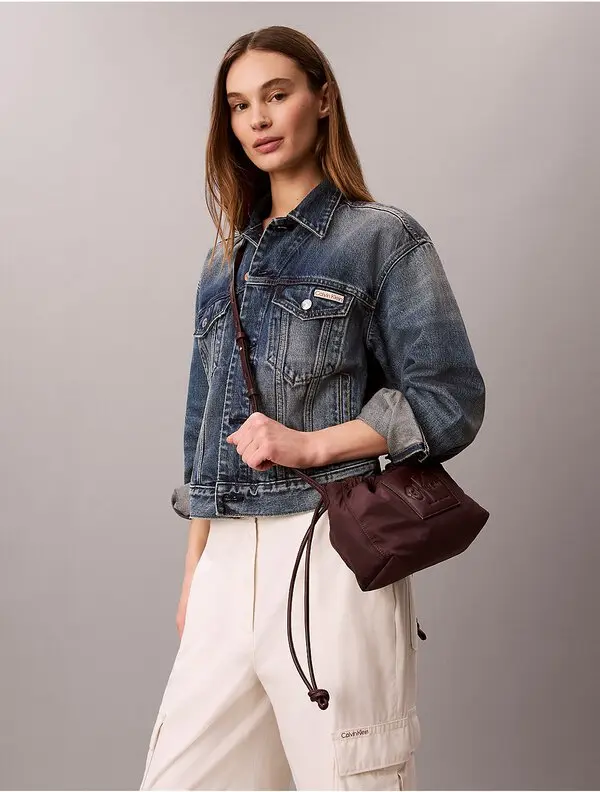 Calvin Klein Nylon Monologo Crossbody Bag With Drawstring Closure - Fudge