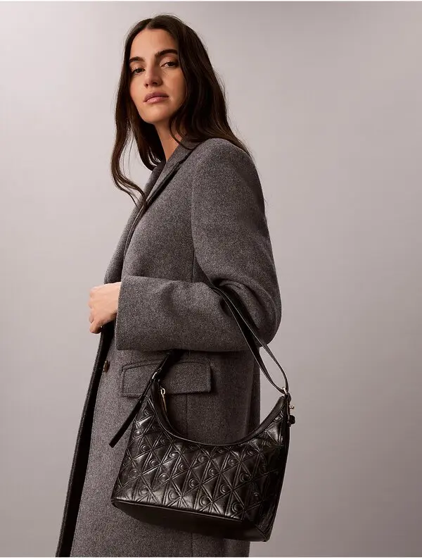 Calvin Klein Debossed Allover Emblem Logo Small Shoulder Bag - Black