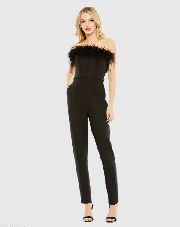 Mac Duggal Strapless Feather Trim Jumpsuit - Black