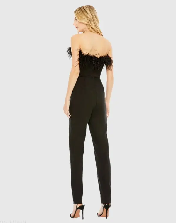 Mac Duggal Strapless Feather Trim Jumpsuit