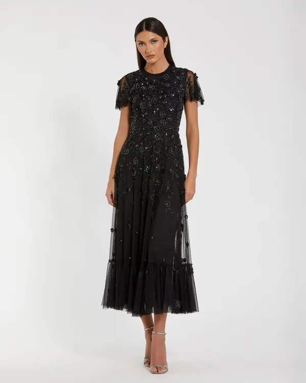 Mac Duggal Petite Embellished High Neck Flutter Sleeve A-line Dress - Black