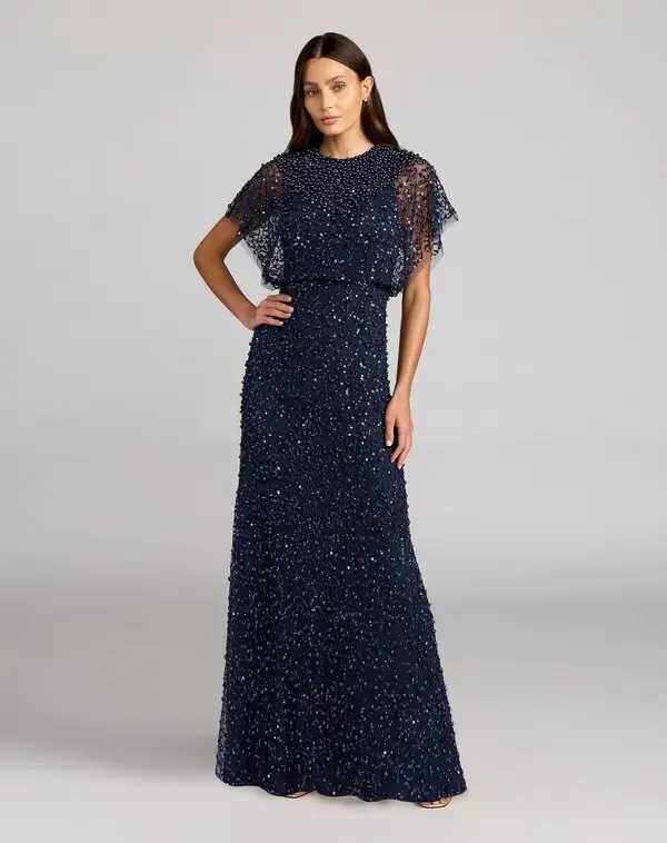 Mac Duggal Embellished High Neck Short Sleeve Gown