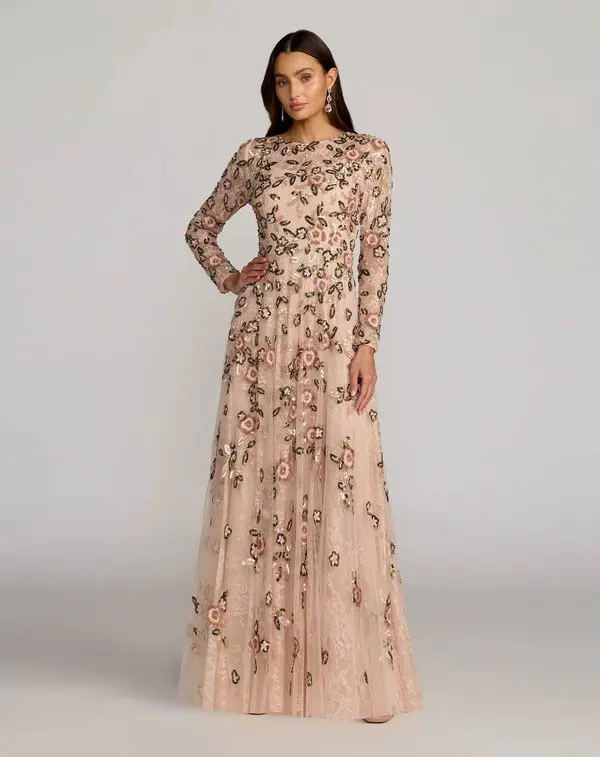 Mac Duggal Embellished Floral Long Sleeve Gown