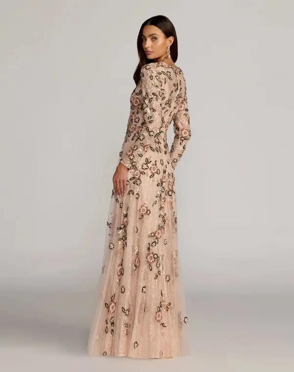 Mac Duggal Embellished Floral Long Sleeve Gown