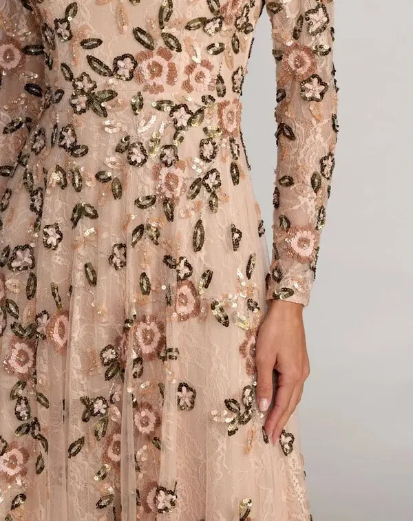 Mac Duggal Embellished Floral Long Sleeve Gown