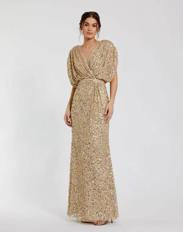Mac Duggal Petite Sequin Draped Sleeve V-neck Gown - Gold