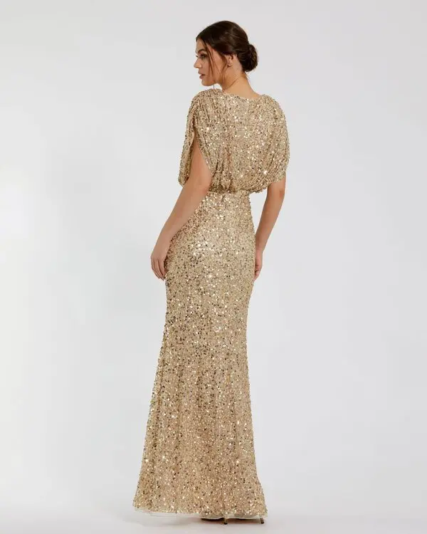 Mac Duggal Petite Sequin Draped Sleeve V-neck Gown - Gold