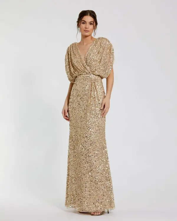 Mac Duggal Petite Sequin Draped Sleeve V-neck Gown - Gold