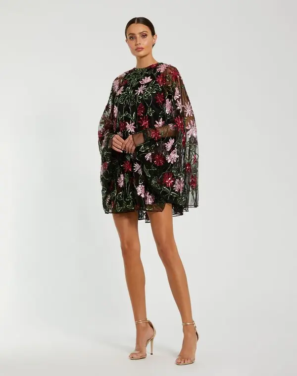 Mac Duggal Floral Embellished Cape Mini Dress