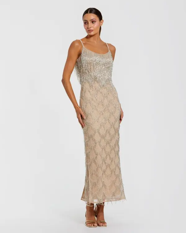 Mac Duggal Beaded Fringe Column Maxi Dress