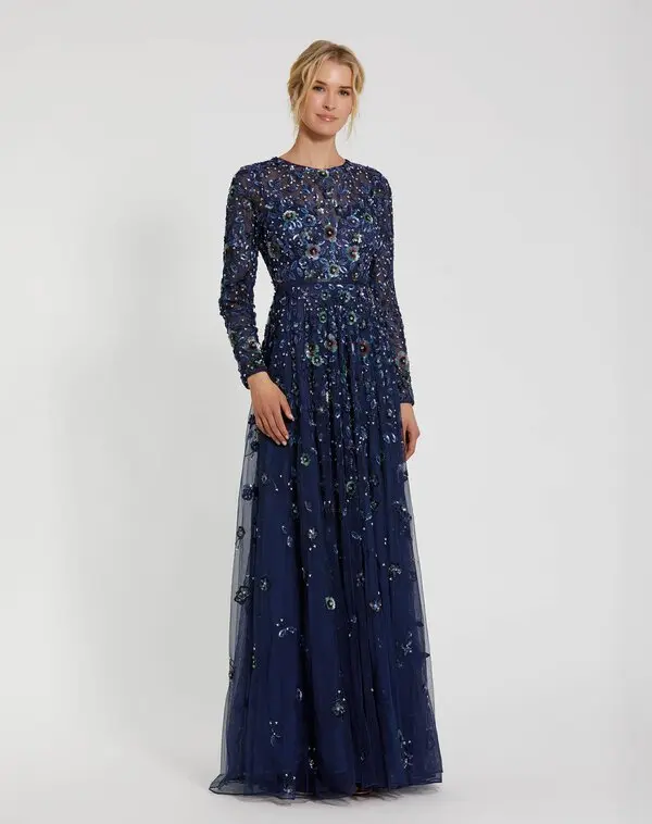 Mac Duggal Embellished High Neck Long Sleeve A-line Gown - Navy