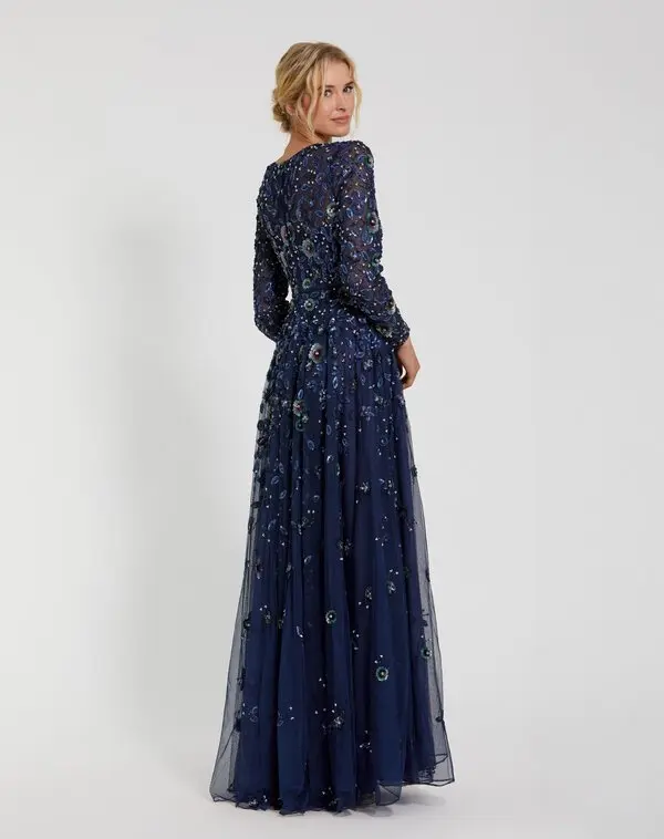 Mac Duggal Embellished High Neck Long Sleeve A-line Gown - Navy