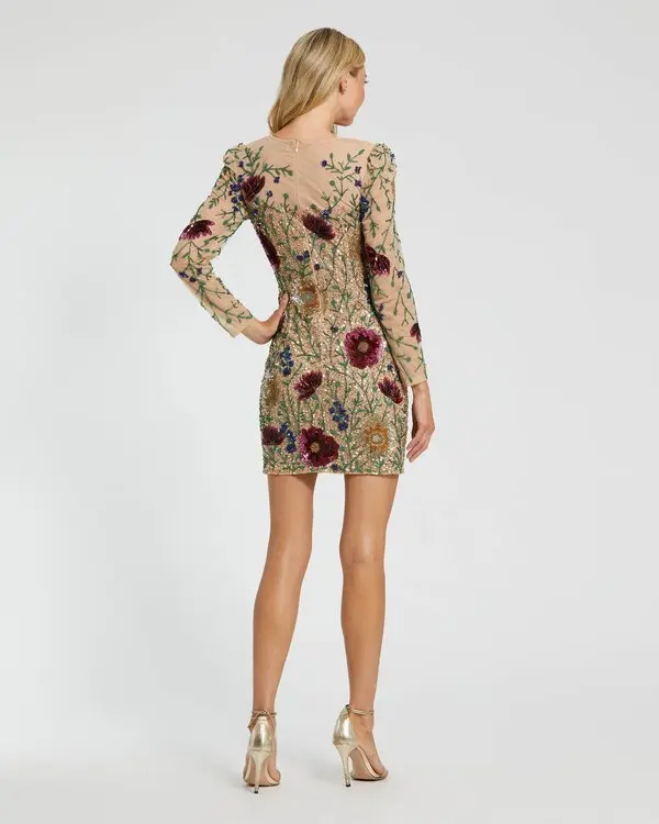 Mac Duggal Floral Beaded Long Sleeve Mini Dress