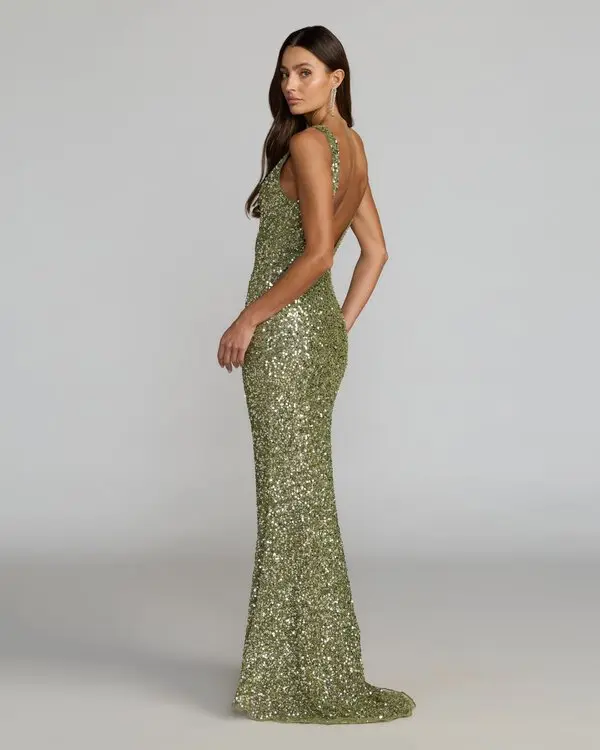 Mac Duggal Petite Sequin Column Gown With Open Back - Green