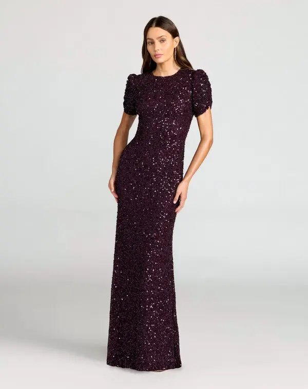 Mac Duggal Embellished Gathered Short Sleeve Gown