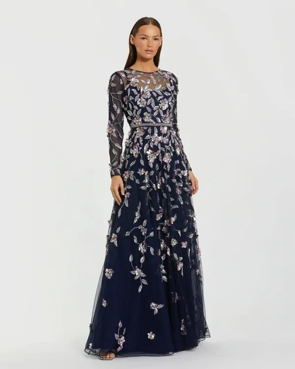 Mac Duggal Petite Floral Embellished Evening Gown - Navy