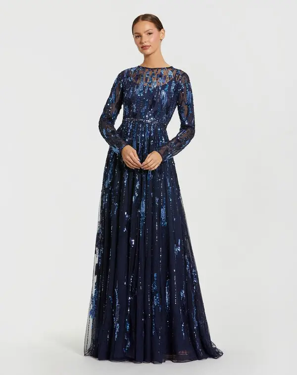 Mac Duggal Long Sleeve Sequin Embellished Gown