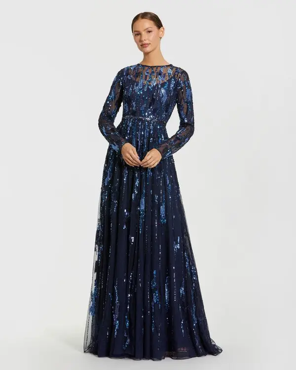 Mac Duggal Long Sleeve Sequin Embellished Gown - Navy