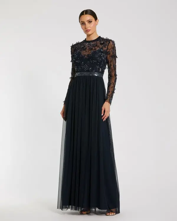 Mac Duggal Petite Embellished Illusion High Neck Long Sleeve Gown