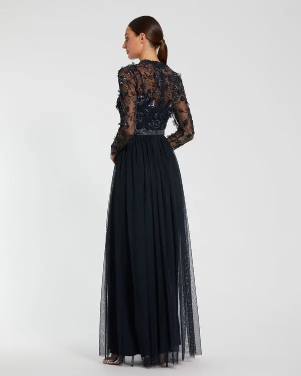 Mac Duggal Petite Embellished Illusion High Neck Long Sleeve Gown