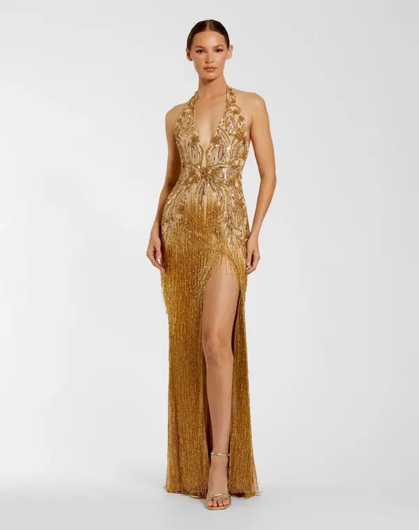 Mac Duggal Embellished Halter Gown With Beaded Fringe - Gold