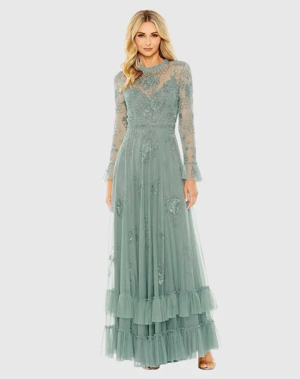 Mac Duggal Embellished Long Sleeve Ruffle Gown