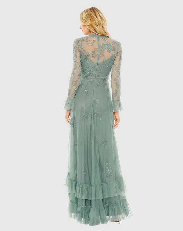 Mac Duggal Embellished Long Sleeve Ruffle Gown