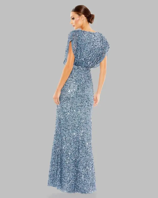 Mac Duggal Petite Draped Sleeve Sequin Gown - Blue