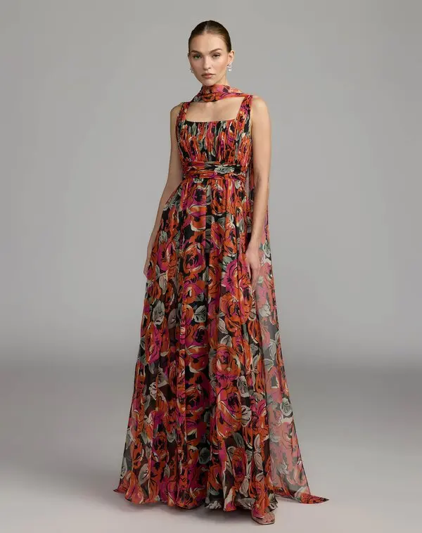 Mac Duggal Floral Printed Chiffon Gown With Scarf - Rose