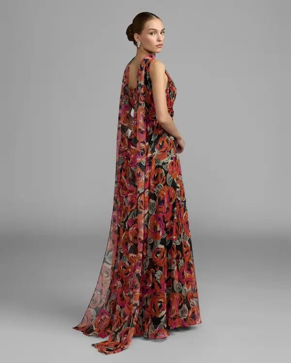 Mac Duggal Floral Printed Chiffon Gown With Scarf - Rose