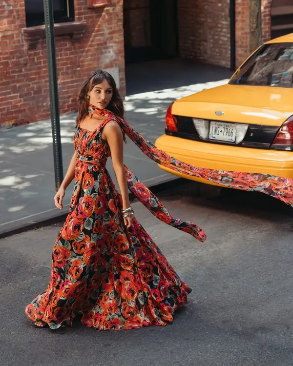 Mac Duggal Floral Printed Chiffon Gown With Scarf - Rose