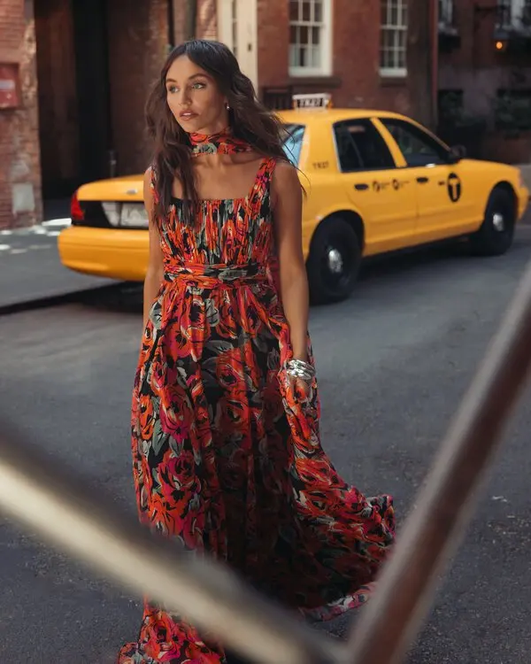 Mac Duggal Floral Printed Chiffon Gown With Scarf - Rose