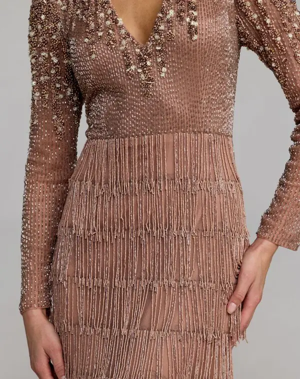 MAC DUGGAL COLLECTION Brown Beaded Long Sleeve Fringe Column Gown