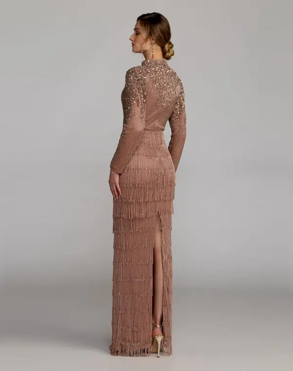 MAC DUGGAL COLLECTION Brown Beaded Long Sleeve Fringe Column Gown