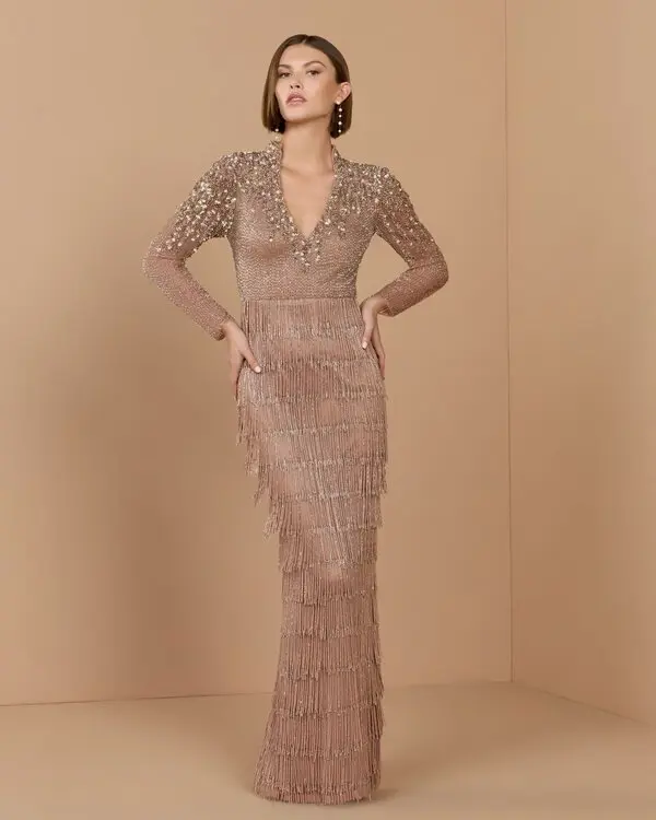 MAC DUGGAL COLLECTION Hand Beaded Long Sleeve Fringe Column Gown - Mocha