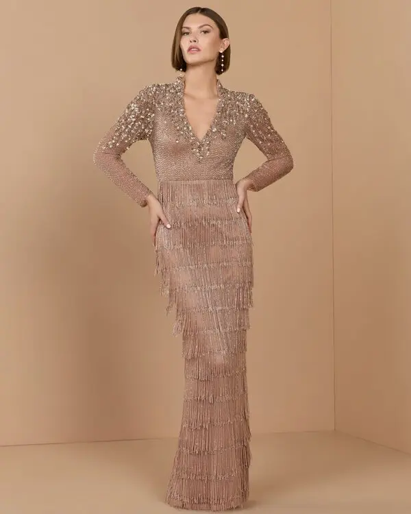 Mac Duggal Petite Brown Beaded Long Sleeve Fringe Column Gown - Mocha