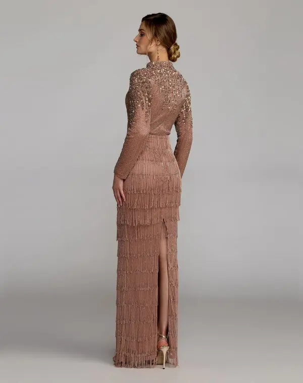 Mac Duggal Petite Brown Beaded Long Sleeve Fringe Column Gown