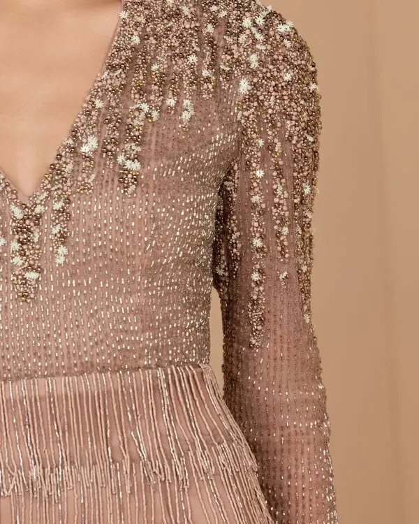 Mac Duggal Petite Brown Beaded Long Sleeve Fringe Column Gown