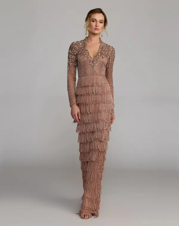 Mac Duggal Petite Brown Beaded Long Sleeve Fringe Column Gown